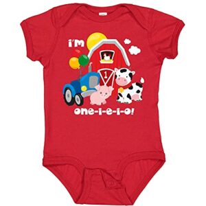 inktastic one-i-e-i-o 1st birthday baby bodysuit 12 months red 34a09