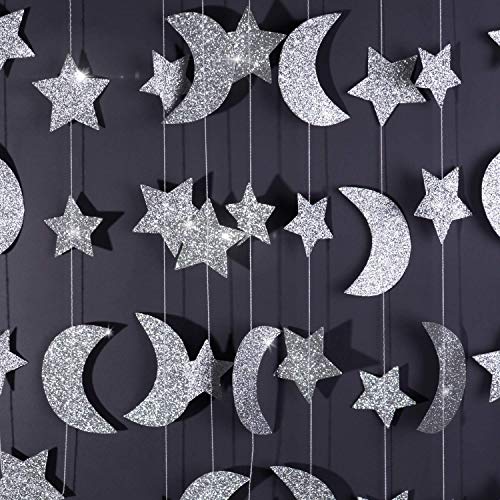 Silver Twinkle Twinkle Little Star Birthday /Baby Shower Decorations Moon and Star Garland Decorations Outer Space Birthday Party Decorations Glitter Silver Honey Moon Wedding Engagement