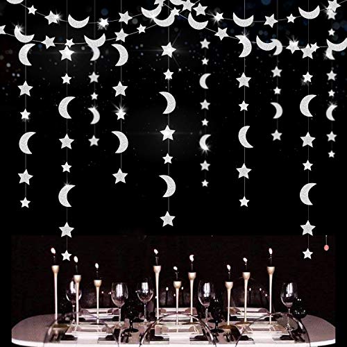 Silver Twinkle Twinkle Little Star Birthday /Baby Shower Decorations Moon and Star Garland Decorations Outer Space Birthday Party Decorations Glitter Silver Honey Moon Wedding Engagement