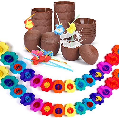 FUTUREPLUSX 2PCS Mexican Tissue Hibiscus Garland Flower Banners and 12PCS Plastic Hawaii Party Cups with Straws