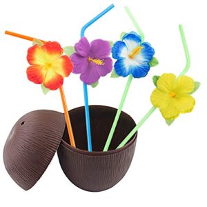 FUTUREPLUSX 2PCS Mexican Tissue Hibiscus Garland Flower Banners and 12PCS Plastic Hawaii Party Cups with Straws