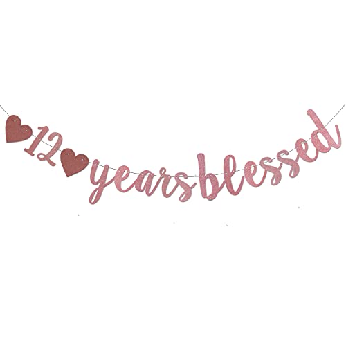 12 Years Blessed Rose Gold Glitter Paper Sign Banner for Boy/Girl's 12th Birthday Party Supplies,Pre-Strung 12th Wedding Anniversary Party Decorations