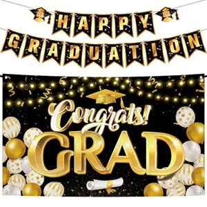 big, congrats grad banner – 72×44 inch, black and gold graduation decorations | happy graduation banner 2022 – no diy, 10 feet | graduation banner for class of 2022 decorations | class of 2022 banner