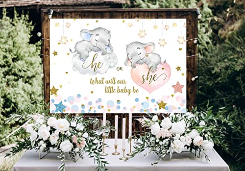 He or She Elephant Gender Reveal Backdrop Soft Cloud and Stars What Will Our Baby Be Boy or Girl Baby Shower Background Decoration Banner 200x150cm W-8192