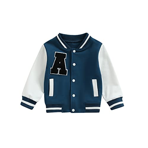 MAINESAKA Baby Boy Girl Varsity Jacket Contrast Color Baseball Jacket Outwear Long Sleeve Button DownLetterman Jacket Coat (Blue , 18-24 Months )