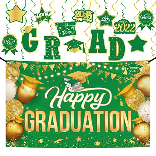 46 Pieces, XtraLarge Graduation Hanging Decorations - Graduation Swirls | Happy Graduation Banner Green and Gold - 72x44 Inch | Green and Gold Graduation Decorations 2022 | Graduation Backdrop