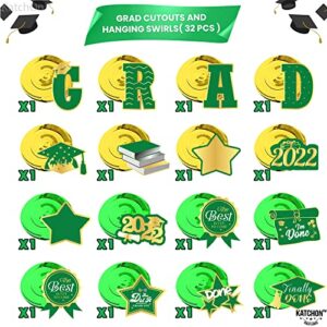 46 Pieces, XtraLarge Graduation Hanging Decorations - Graduation Swirls | Happy Graduation Banner Green and Gold - 72x44 Inch | Green and Gold Graduation Decorations 2022 | Graduation Backdrop