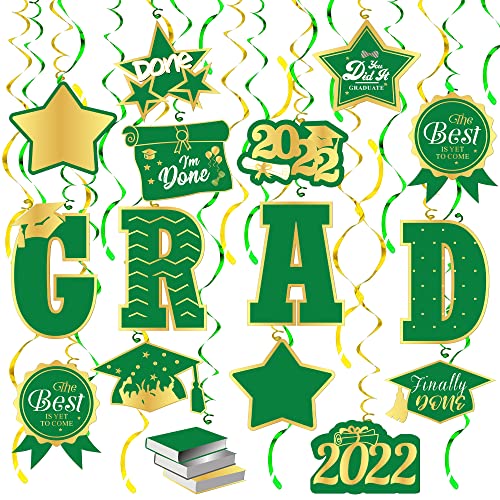 46 Pieces, XtraLarge Graduation Hanging Decorations - Graduation Swirls | Happy Graduation Banner Green and Gold - 72x44 Inch | Green and Gold Graduation Decorations 2022 | Graduation Backdrop