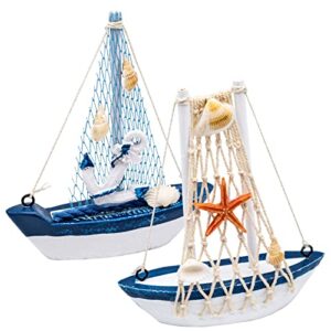 bllremipsur 2 pcs mini sailboat decor, wooden miniature sailing boat model, nautical theme decoration for bathroom, baby shower, party, kids nursery