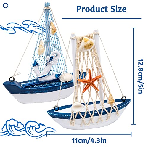 BLLREMIPSUR 2 PCS Mini Sailboat Decor, Wooden Miniature Sailing Boat Model, Nautical Theme Decoration for Bathroom, Baby Shower, Party, Kids Nursery