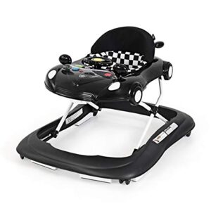 baby joy baby walker, activity walker with adjustable height & lights, music, steering wheel, mirrors, removable tray to food tray, high back padded seat, compact folding design (black)