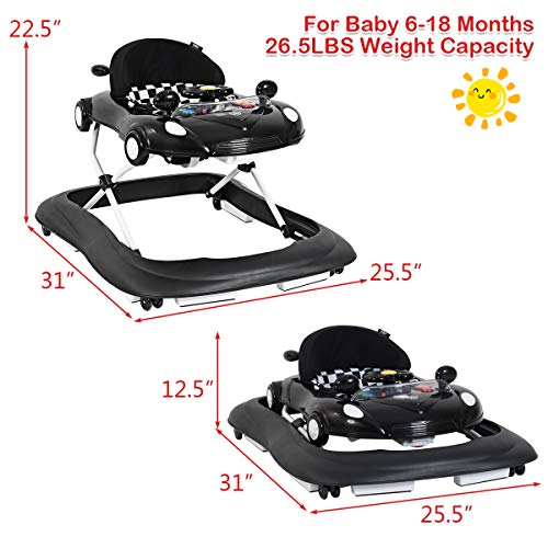 BABY JOY Baby Walker, Activity Walker with Adjustable Height & Lights, Music, Steering Wheel, Mirrors, Removable Tray to Food Tray, High Back Padded Seat, Compact Folding Design (Black)