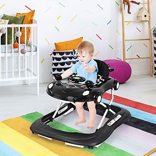 BABY JOY Baby Walker, Activity Walker with Adjustable Height & Lights, Music, Steering Wheel, Mirrors, Removable Tray to Food Tray, High Back Padded Seat, Compact Folding Design (Black)