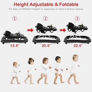 BABY JOY Baby Walker, Activity Walker with Adjustable Height & Lights, Music, Steering Wheel, Mirrors, Removable Tray to Food Tray, High Back Padded Seat, Compact Folding Design (Black)