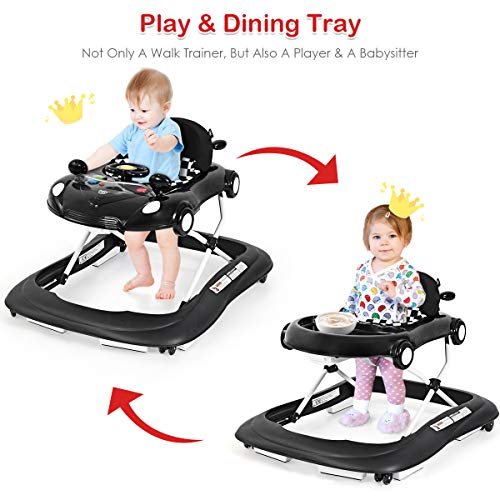 BABY JOY Baby Walker, Activity Walker with Adjustable Height & Lights, Music, Steering Wheel, Mirrors, Removable Tray to Food Tray, High Back Padded Seat, Compact Folding Design (Black)