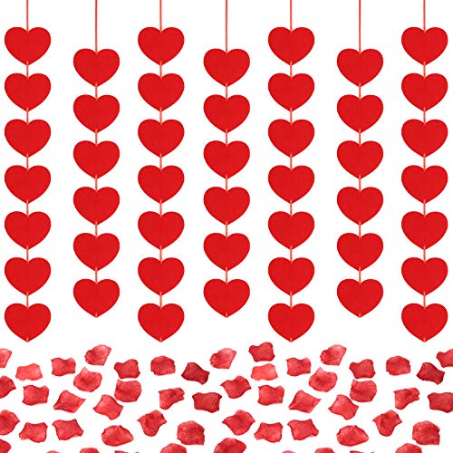 480 Pieces Valentine's Day Decorations Include 80 Red Hearts Felt Garland Felt Heart Hanging Banner and 400 Pieces Artificial Silk Rose Petals for Valentine's Day Wedding Birthday Party Decor