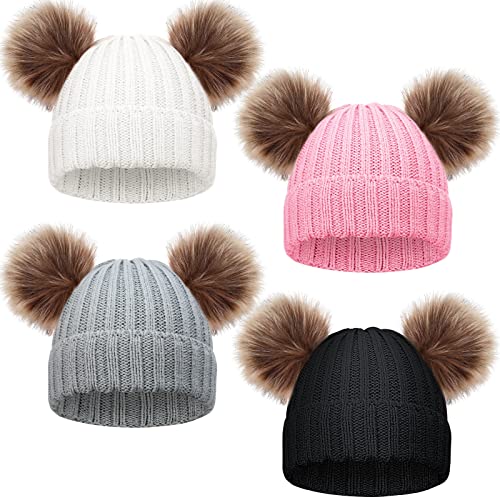 4 Pack Kid Winter Pompom Hat Knitted Ski Beanie Hat Beanie Cap Warm Infant Toddler Hat for Girls Boys 1-6 Years Old