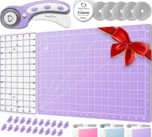 rotary cutter set pink – quilting kit incl. 45mm fabric cutter, 5 replacement blades, a3 cutting mat, acrylic ruler and craft clips – ideal for crafting, sewing, patchworking, crochet & knitting