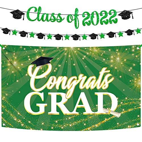 Big, Congrats Grad Banner Green - 72x44 Inch | Green Glitter Class of 2022 Banner - No DIY, 10 Feet | Graduation Banner for Class of 2022 Decorations | Graduation Decorations 2022 Green and Black