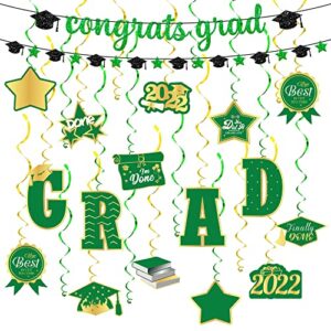 46 pieces, xtralarge graduation hanging decorations – no diy, green graduation swirls | glitter congrats grad banner – 10 feet | green and gold graduation decorations 2022 | congratulations banner