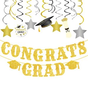 gold glitter, congrats grad banner 2022 – no diy, 10 feet | 45 pieces, graduation hanging swirls decorations – no diy | gold graduation party decorations 2022 | graduation hanging decorations 2022