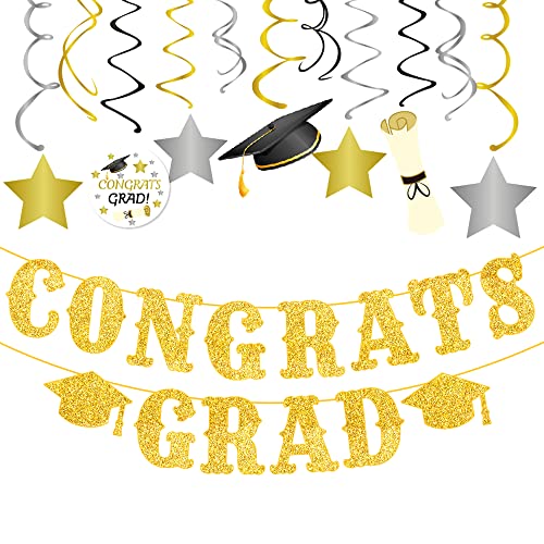 Gold Glitter, Congrats Grad Banner 2022 - No DIY, 10 Feet | 45 Pieces, Graduation Hanging Swirls Decorations - No DIY | Gold Graduation Party Decorations 2022 | Graduation Hanging Decorations 2022