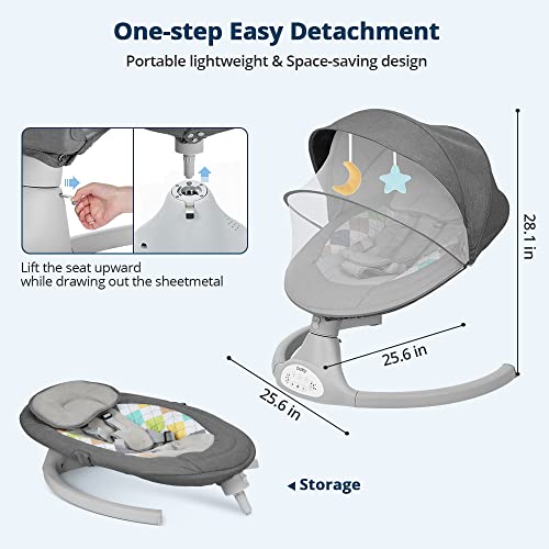 Bioby Baby Swing for Infants with 5 Natural Sway Speeds,Bluetooth Music Baby Bouncer with Remote Control&5-Point Harness, Lightweight Baby Rocker for 5-20 Lb,0-10 Months（Grey）