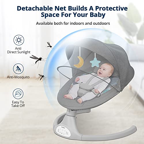 Bioby Baby Swing for Infants with 5 Natural Sway Speeds,Bluetooth Music Baby Bouncer with Remote Control&5-Point Harness, Lightweight Baby Rocker for 5-20 Lb,0-10 Months（Grey）