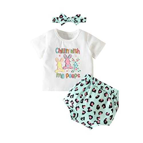 Noubeau Infant Baby Girl Easter Outfits Bunny Rabbit Print T-Shirt Tops Leopard Bloomer Shorts Bow Headband Summer Clothes (Turquoise, 6-9 Months)