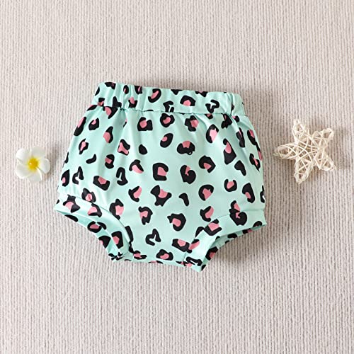 Noubeau Infant Baby Girl Easter Outfits Bunny Rabbit Print T-Shirt Tops Leopard Bloomer Shorts Bow Headband Summer Clothes (Turquoise, 6-9 Months)