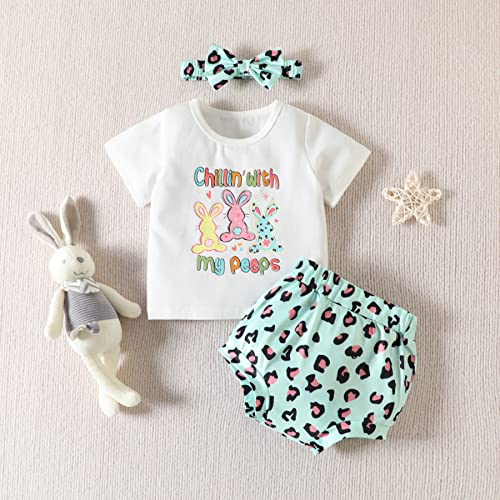 Noubeau Infant Baby Girl Easter Outfits Bunny Rabbit Print T-Shirt Tops Leopard Bloomer Shorts Bow Headband Summer Clothes (Turquoise, 6-9 Months)