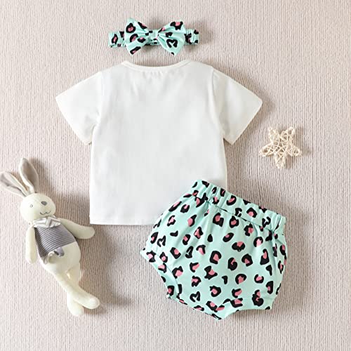 Noubeau Infant Baby Girl Easter Outfits Bunny Rabbit Print T-Shirt Tops Leopard Bloomer Shorts Bow Headband Summer Clothes (Turquoise, 6-9 Months)