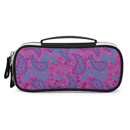 Blue and Pink Paisley Pattern PU Leather Pencil Pen Case Organizer Travel Makeup Handbag Portable Stationery Bag