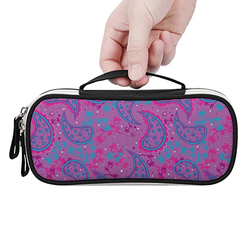 Blue and Pink Paisley Pattern PU Leather Pencil Pen Case Organizer Travel Makeup Handbag Portable Stationery Bag