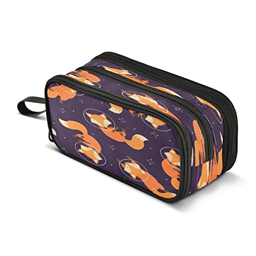 Fox Space Pencil Case 3 Compartment Pen Bag Pouch Holder Box for Office College School Portable Storage Bag for Kids