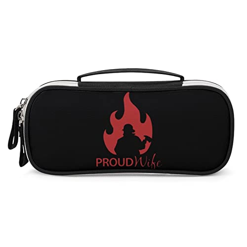 Proud Wife with Firefighter PU Leather Pencil Pen Case Organizer Travel Makeup Handbag Portable Stationery Bag