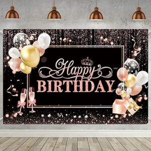 rose gold happy birthday backdrop banner,happy birthday decoration banner, black and rose gold happy birthday banner sign, happy birthday backdrop for girls women71 x 45 inch