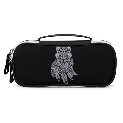 Wolf with Dreamcatcher PU Leather Pencil Pen Case Organizer Travel Makeup Handbag Portable Stationery Bag