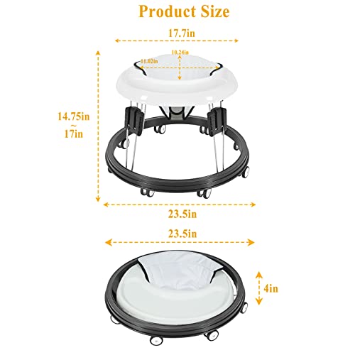 Baby Walker for Boys and Girls, Foldable Toddler Round Walker with Adjustable Height, Detachable Seat Cover and Mute Anti-Rollover Baby Walker, Suitable for Height 65-88cm