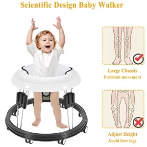 Baby Walker for Boys and Girls, Foldable Toddler Round Walker with Adjustable Height, Detachable Seat Cover and Mute Anti-Rollover Baby Walker, Suitable for Height 65-88cm