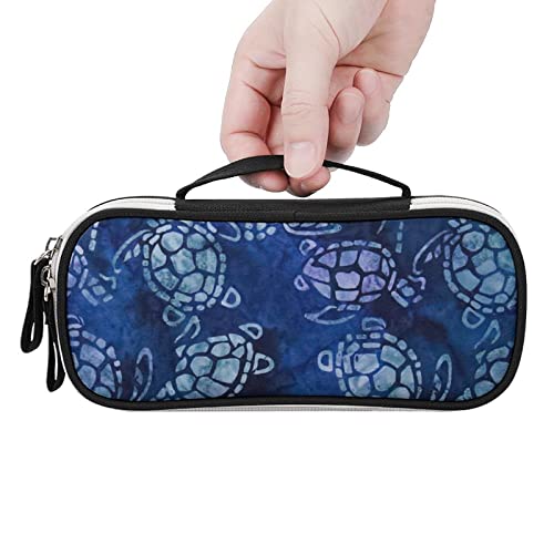 Sea Turtle Blue PU Leather Pencil Pen Case Organizer Travel Makeup Handbag Portable Stationery Bag