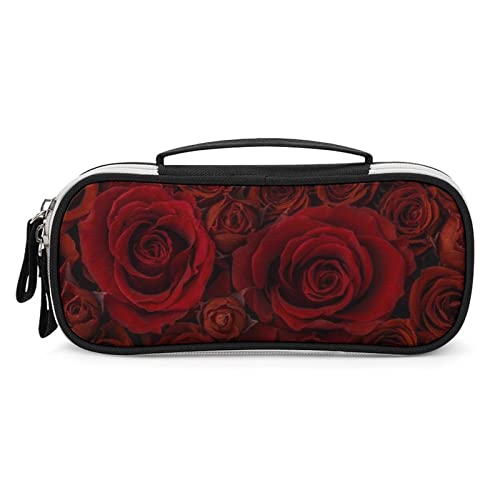 Red Rose PU Leather Pencil Pen Case Organizer Travel Makeup Handbag Portable Stationery Bag