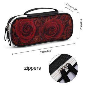 Red Rose PU Leather Pencil Pen Case Organizer Travel Makeup Handbag Portable Stationery Bag