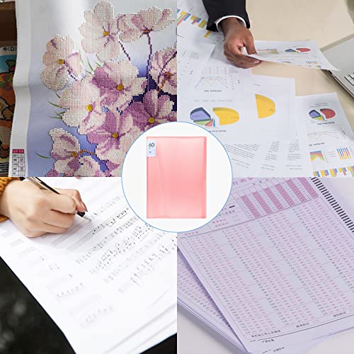 MEGREZ A3 Diamond Painting Storage Book, Large Portfolio Folder for Artwork, Report Sheet, Art Painting Storage Book with 60 Pockets Clear Sleeves, Pink