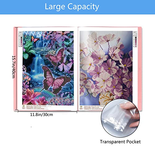 MEGREZ A3 Diamond Painting Storage Book, Large Portfolio Folder for Artwork, Report Sheet, Art Painting Storage Book with 60 Pockets Clear Sleeves, Pink