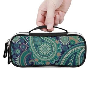 Green Paisley Pattern PU Leather Pencil Pen Case Organizer Travel Makeup Handbag Portable Stationery Bag