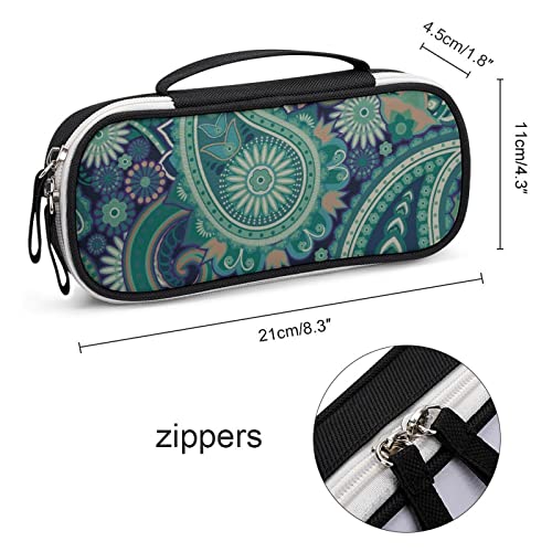 Green Paisley Pattern PU Leather Pencil Pen Case Organizer Travel Makeup Handbag Portable Stationery Bag