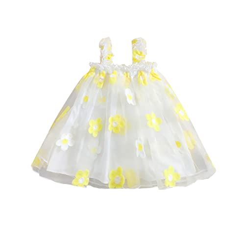 Kids Baby Girl Casual Cute Summer A Line Princess Dress Sleeveless Strap Floral Layered Tulle Tutu Skirts (Yellow, 12-18 Months)