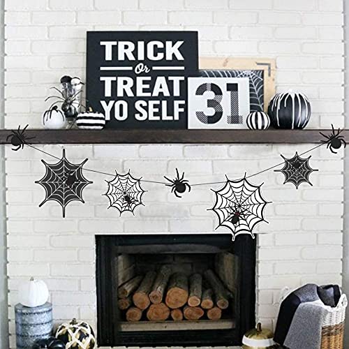 Cheerland Black Spider Web Garland for Halloween Party Decoration Hanging Spiderweb Decor Spider Banner Cobweb Banner Happy Halloween Eve Décor for Bday Birthday Home Office Classroom Party Supplies