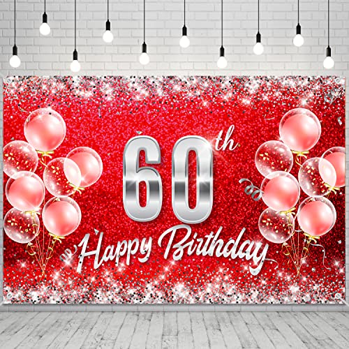 Red and Silver Happy 60th Birthday Backdrop Banner Decorations for Women Men 60 Years Old Bday Background Photography Party Decor Sign Supplies